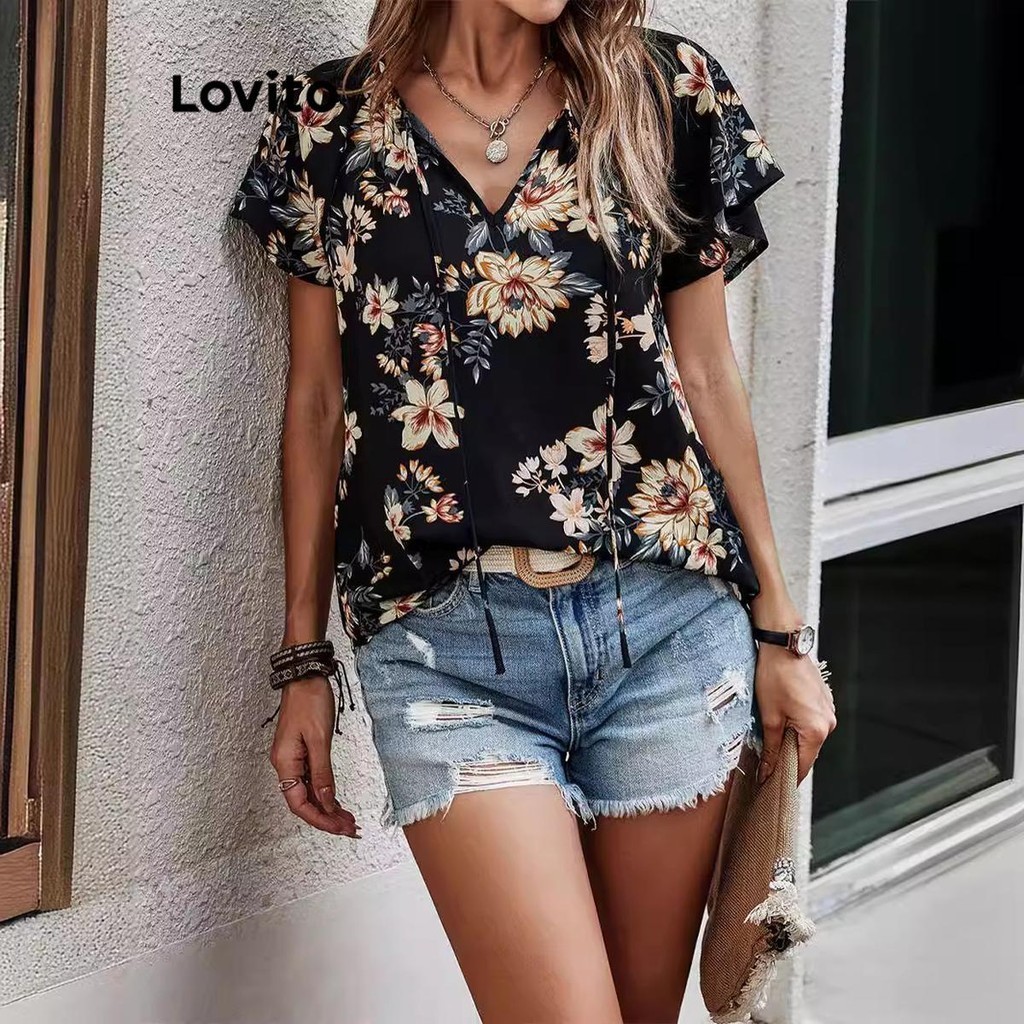 Lovito Boho Floral Pattern Blouse for Women LNL72114 Lovito Blus Motif ...