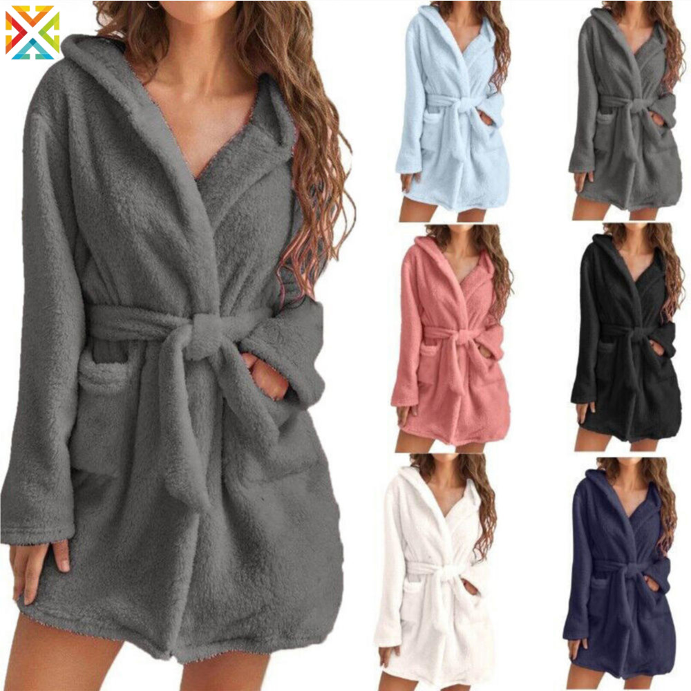 Women Winter Fluffy Bath Robe Ladies Hooded Dressing Gown Warm Bathrobe ...