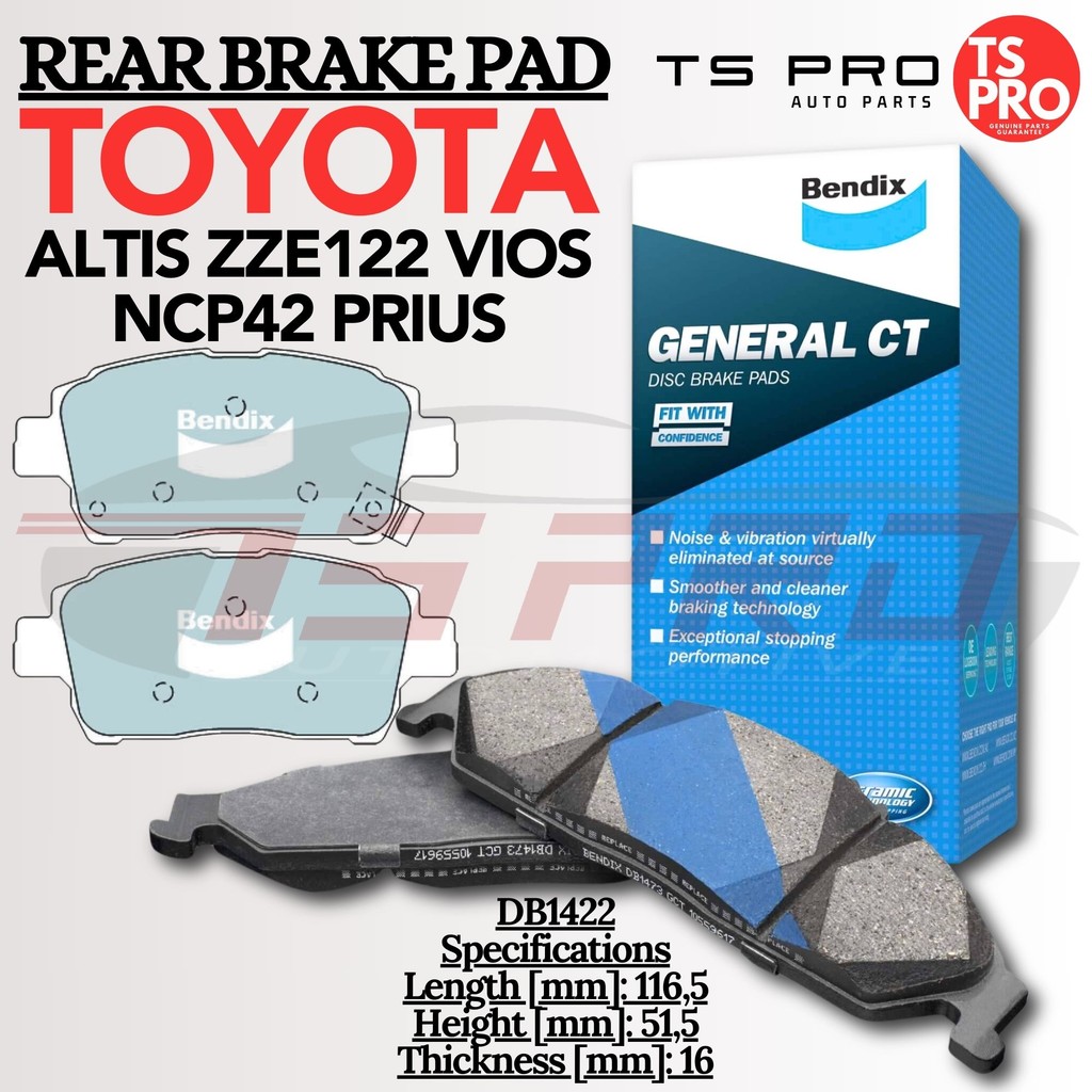 Toyota Altis ZZE122 Vios NCP42 PRIUS Bendix Front Disk Brake Pad Disc Brek DB1422 SGCT | Shopee ...
