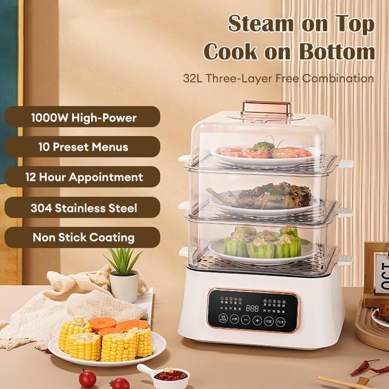 32L Electric Steamer Multi-Function Household 3-Layers Stainless steel ...