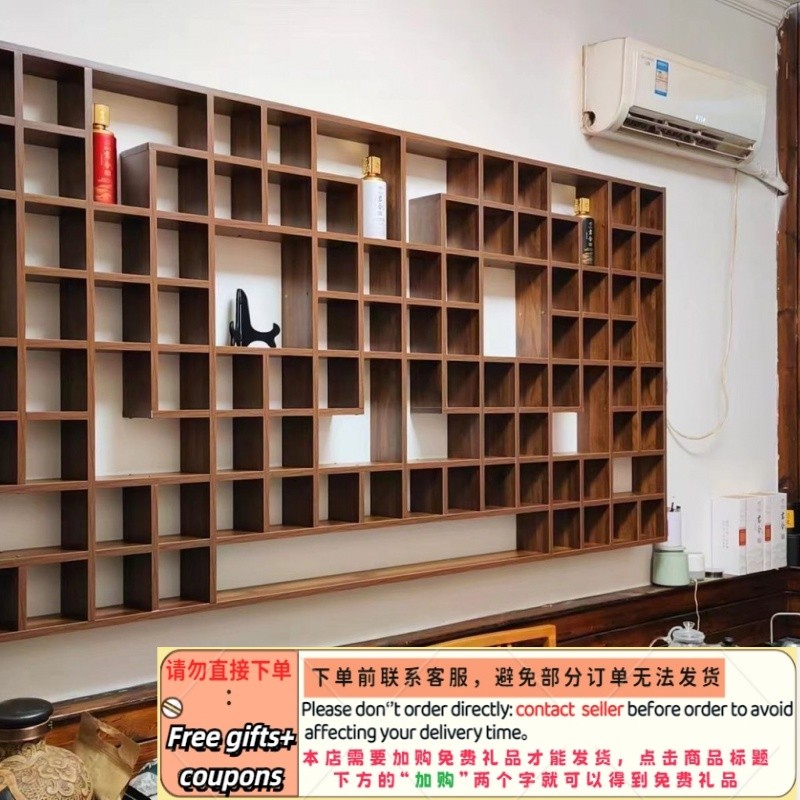 Get 7% coupon+gift】mized Solid Wood Lattice Frame Wall-Mounted Storage Rack Storage Rack Teapot ...