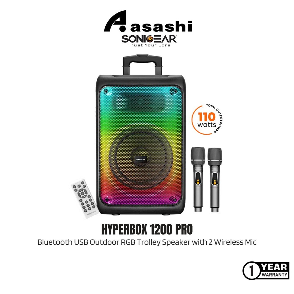 SonicGear HyperBox 1200 Pro Bluetooth USB Outdoor RGB Trolley Speaker with 2 Wireless Mic ...