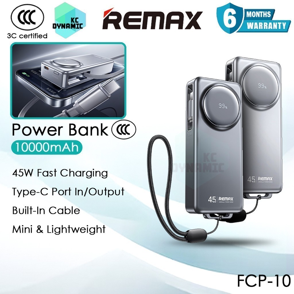 Remax FCP-10 10000mAh Powerbank 45W Fast Charging Power Bank Built In Cable Pawer Bank Kuasa ...