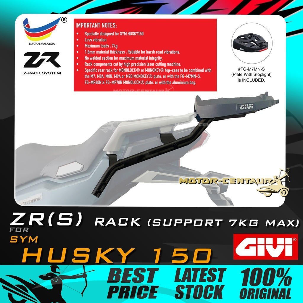 GIVI SYM HUSKY 150 HUSKY150 ZR RACK (W/BRAKE LED, 7KG) & KOTAK/BOX ...