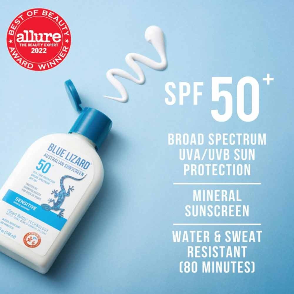 BLUE LIZARD Sensitive Mineral Sunscreen SPF 50+, Water Resistant, UVA ...