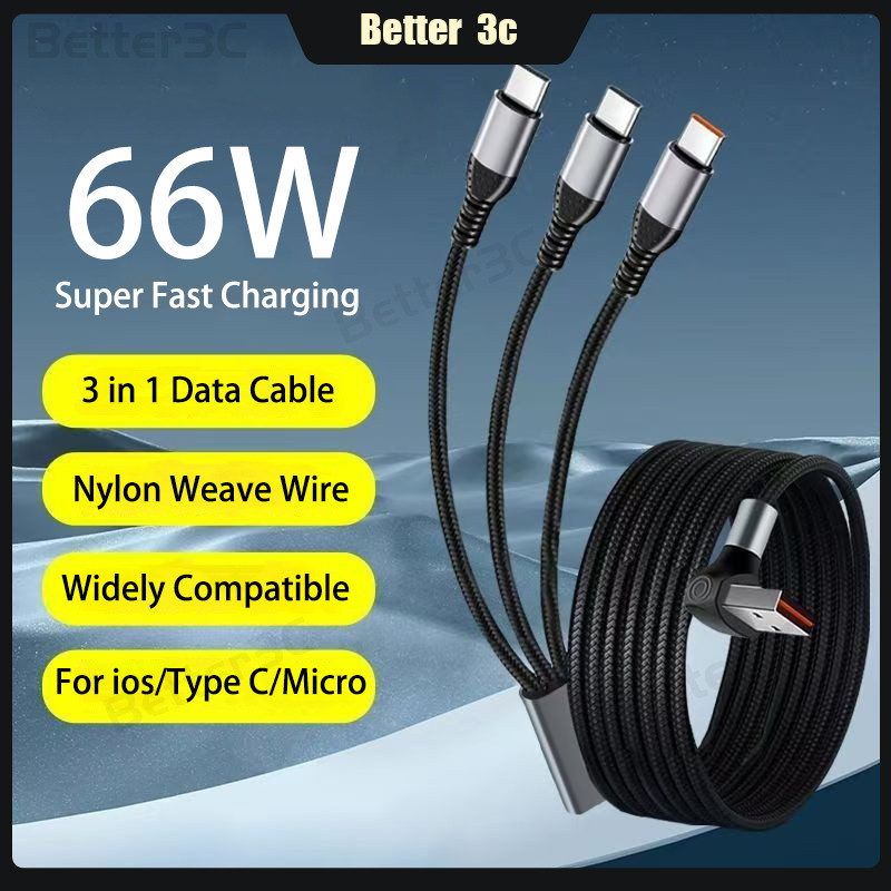 66W super fast charging cable 3 in 1 Nylon weave 90°Elbow usb plug ...