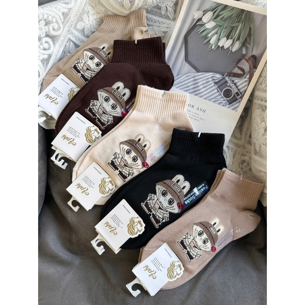 Set of 5 Pairs of Women's Short Socks with Labubu, Capybara, Kuromi ...