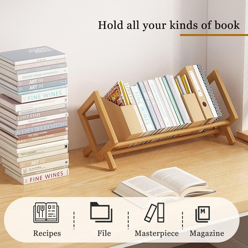 50CM Bamboo Desktop Bookshelf Display Rack Rak Buku Tilting Bookcase ...