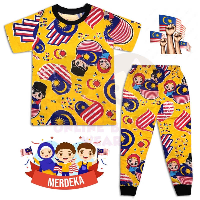 (6M-11Y) Yellow CUTE MERDEKA FLAG COTTON SEDONDON Full Cotton Kids ...