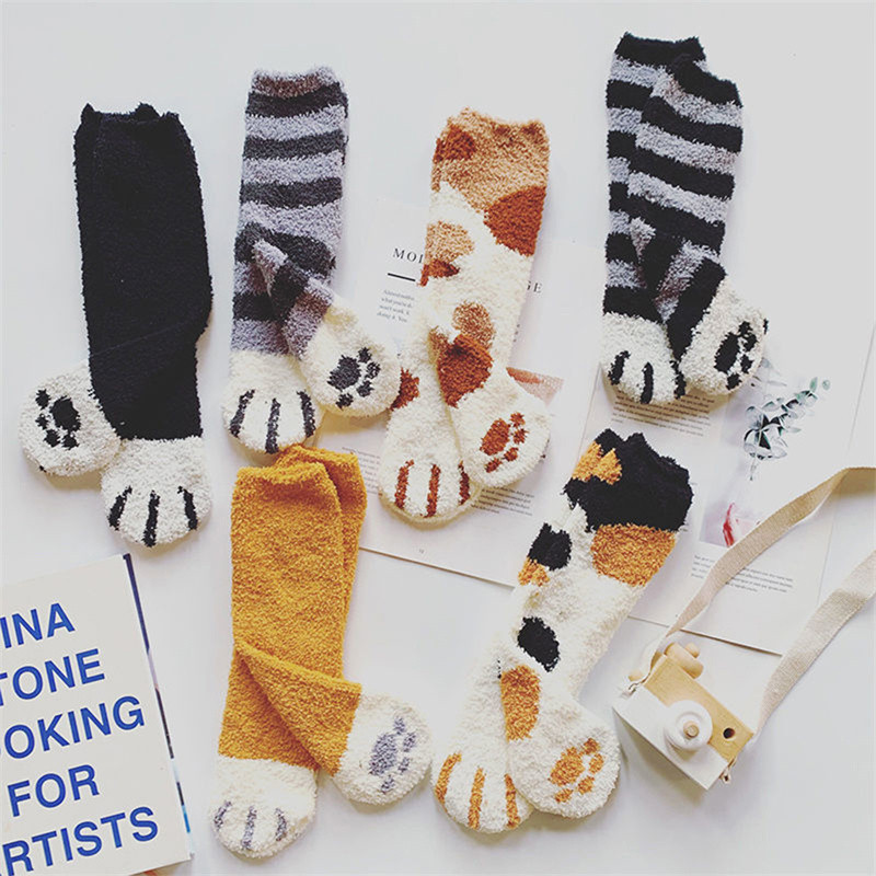 Womens Cats Paw Stripe 3d Socks Kawaii Fun Thick Girls Cartoon Animal ...
