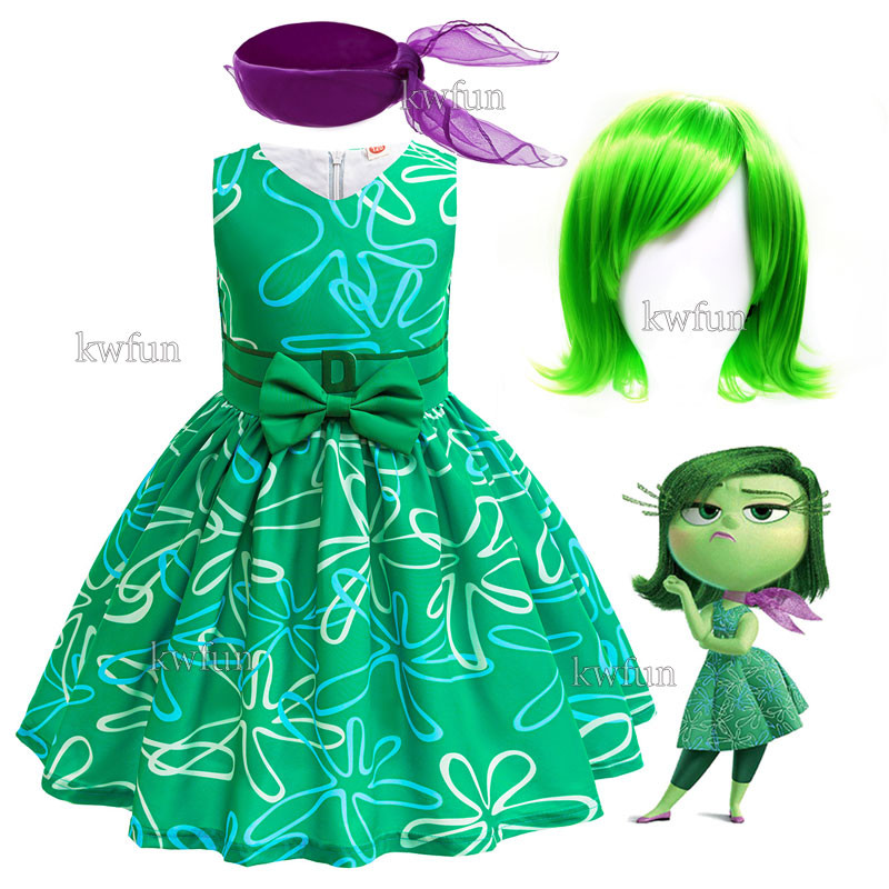 Anime Inside Out Costume for Kids Girl Green Dress Cosplay Disgust Wig ...