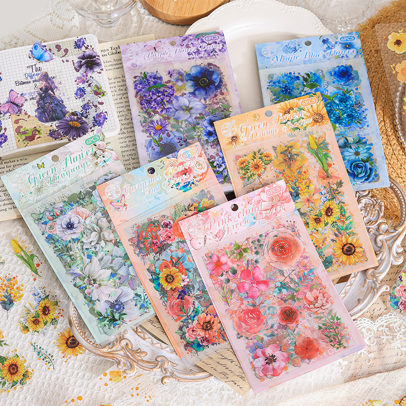 6 Sheets Flower Themed Stickers Assorted Floral Resin Stickers Decals ...