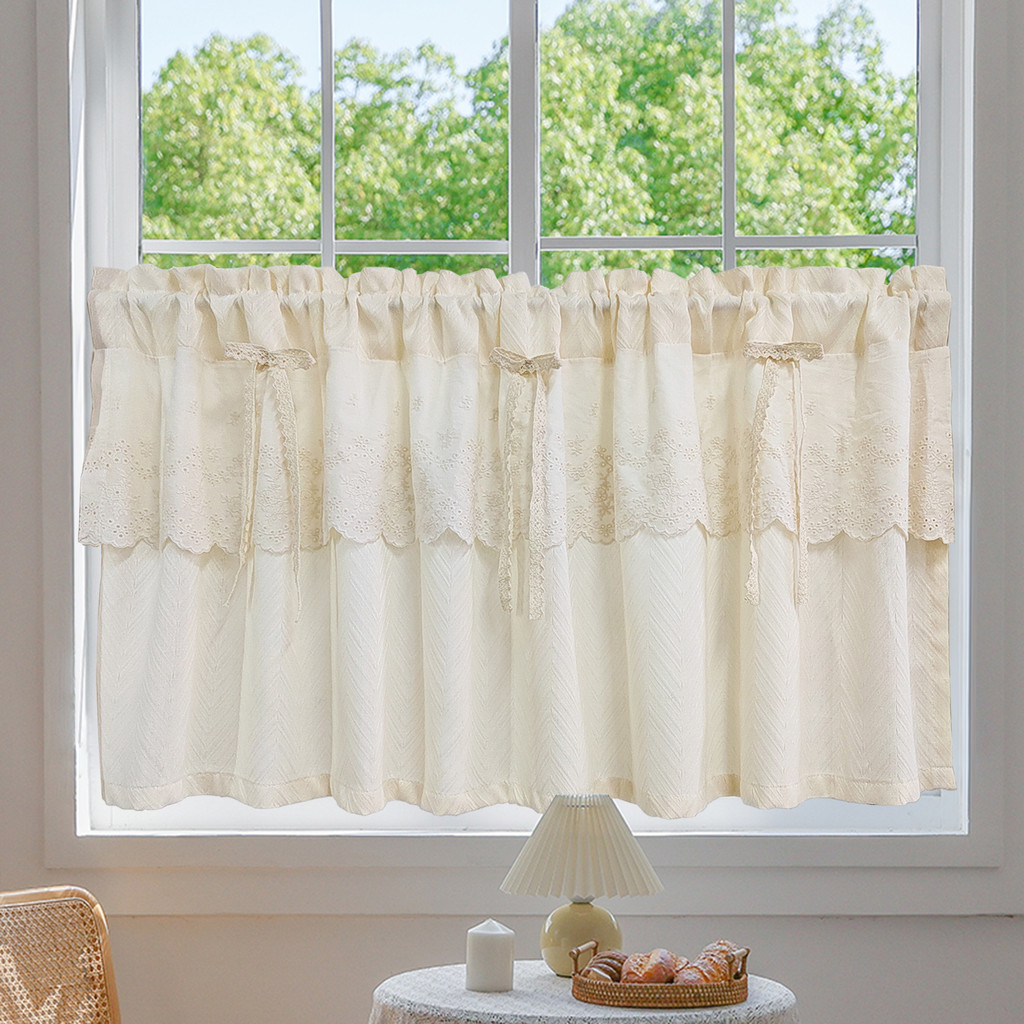 1PC Vintage Beige Geometric Pattern Sheer Half Curtains for Kitchen ...
