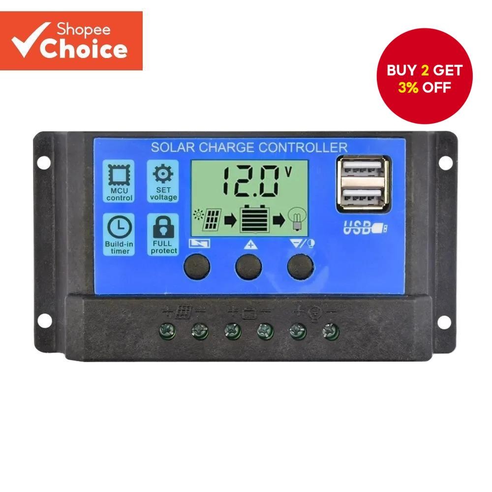Solar Charge Controller 12V/24V PWM 10A 30A with Adjustable LCD Display Timer Setting | Shopee ...