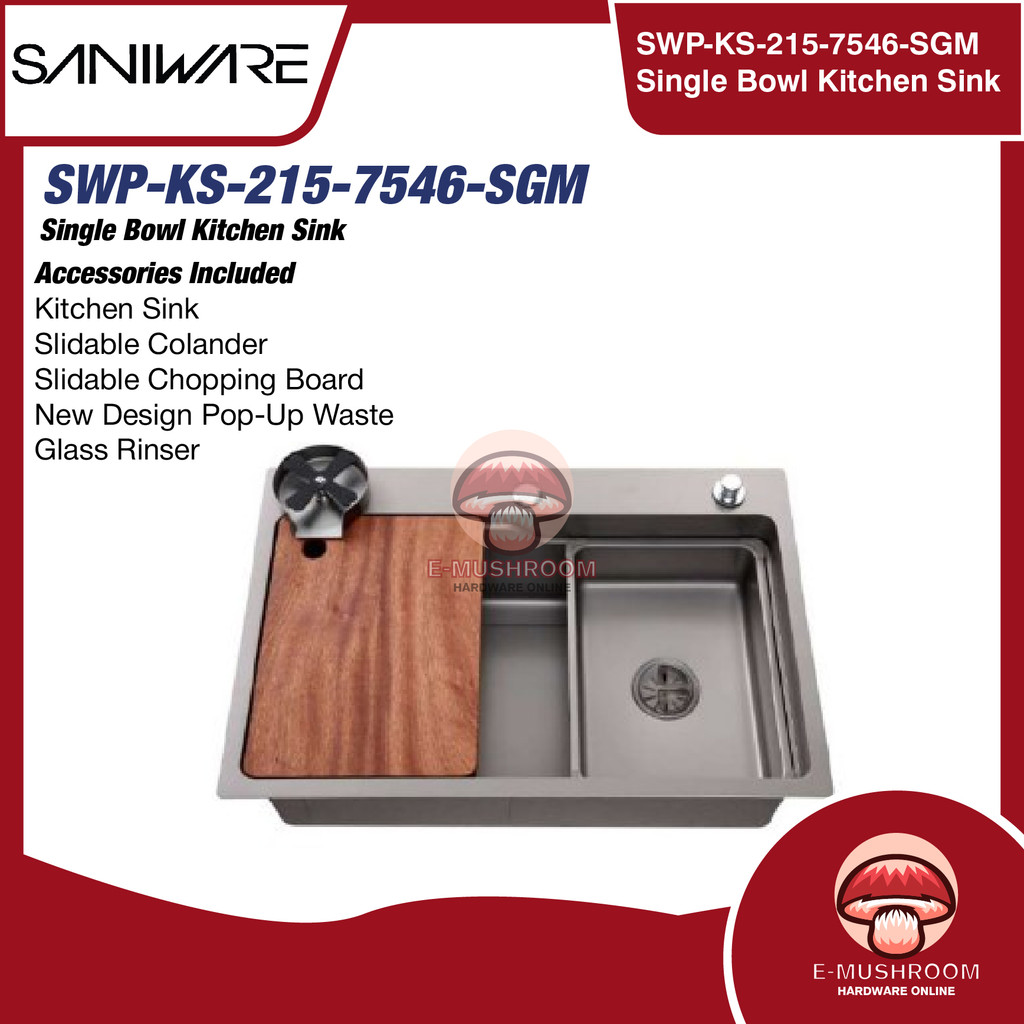 Saniware Nano Single Bowl Kitchen Sink Gun Metal SWP-KS-215-7546-SGM ...