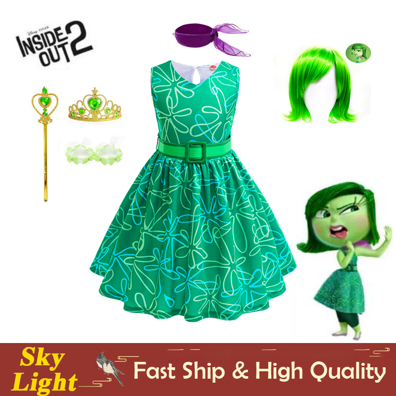 Inside Out 2 Disgust Cosplay Costume Sleeveless Green Dress For Kids ...