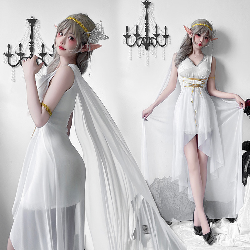 Halloween Cosplay Greek Goddess White Long Skirt Adult Elf Dress ...