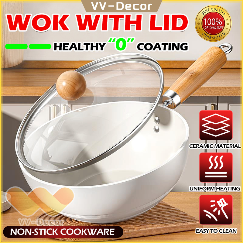 NEW Premium Wok Ceramic Wok With Lid 24cm Stir Frying Pan Non Coating No Stick wok 20cm Clean ...
