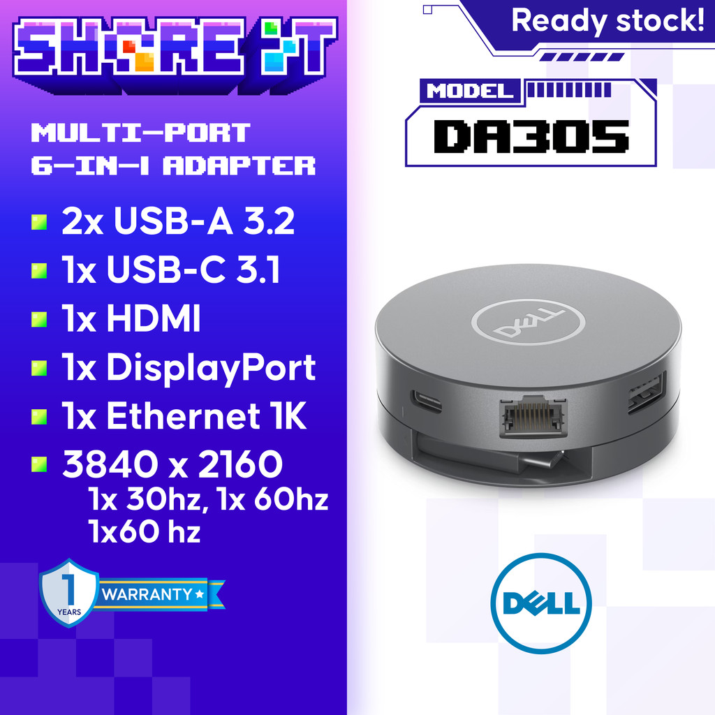 DELL DA305 6-in-1 USB-C Multiport Adapter 4K DISPLAY PORT GIGABIT ...
