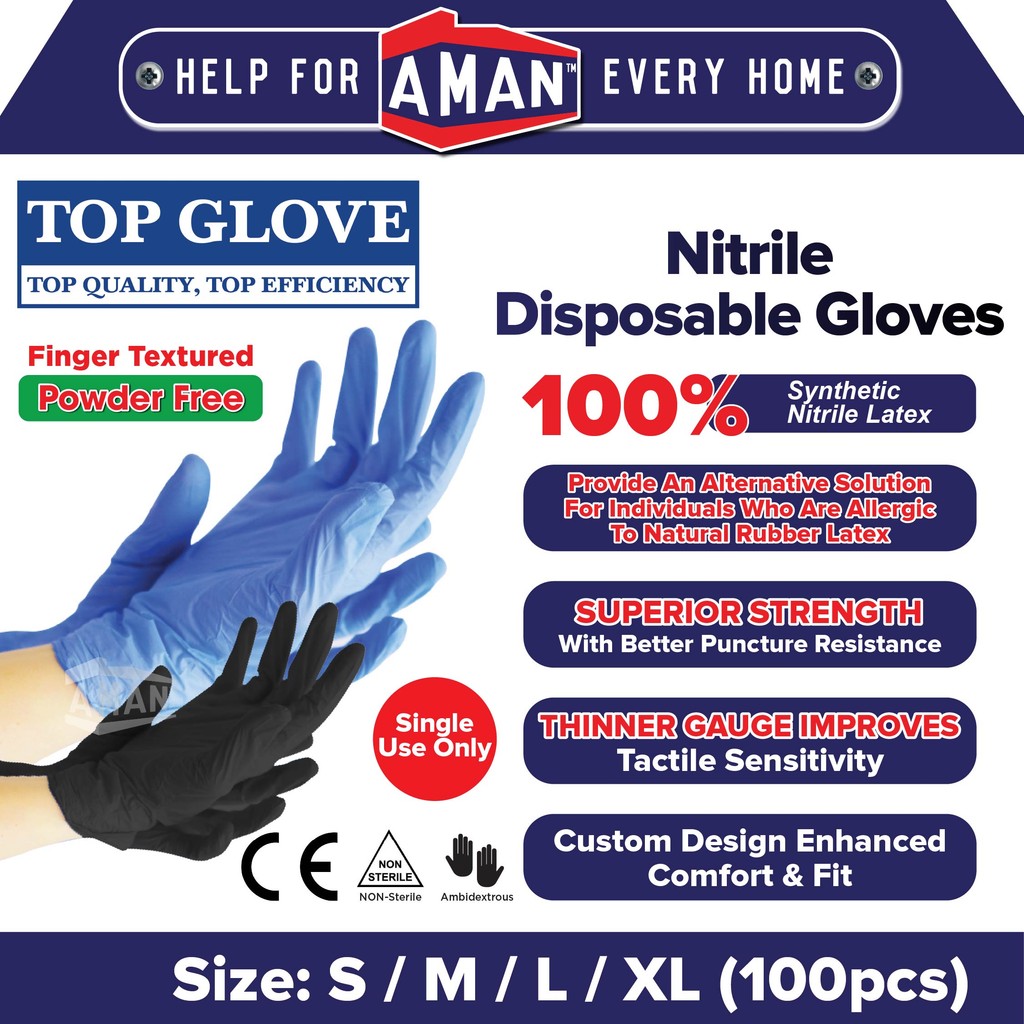 TOP GLOVE Nitrile Powder Free Blue Disposable Gloves 100 Pieces Single ...