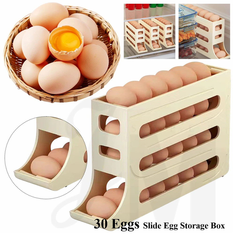 30 Eggs Dispenser Tray 4 Tier Refrigerator Egg Storage Box Automatic ...