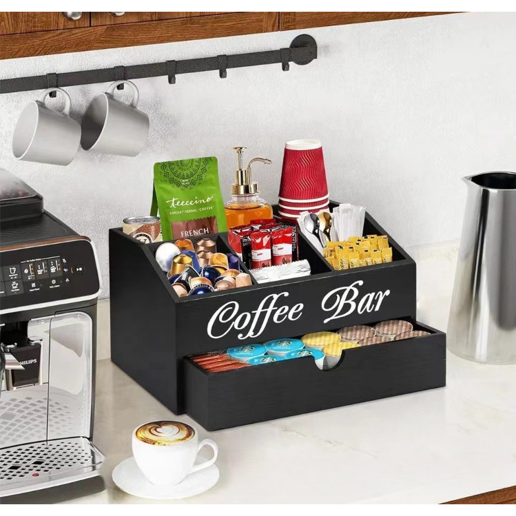 Double layered wooden coffee accessory storage, durable wooden ...