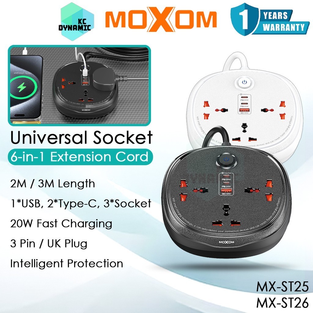 Moxom MX-ST26 6-in-1 Power Extension Socket Wall Extension Plug Moxom ...