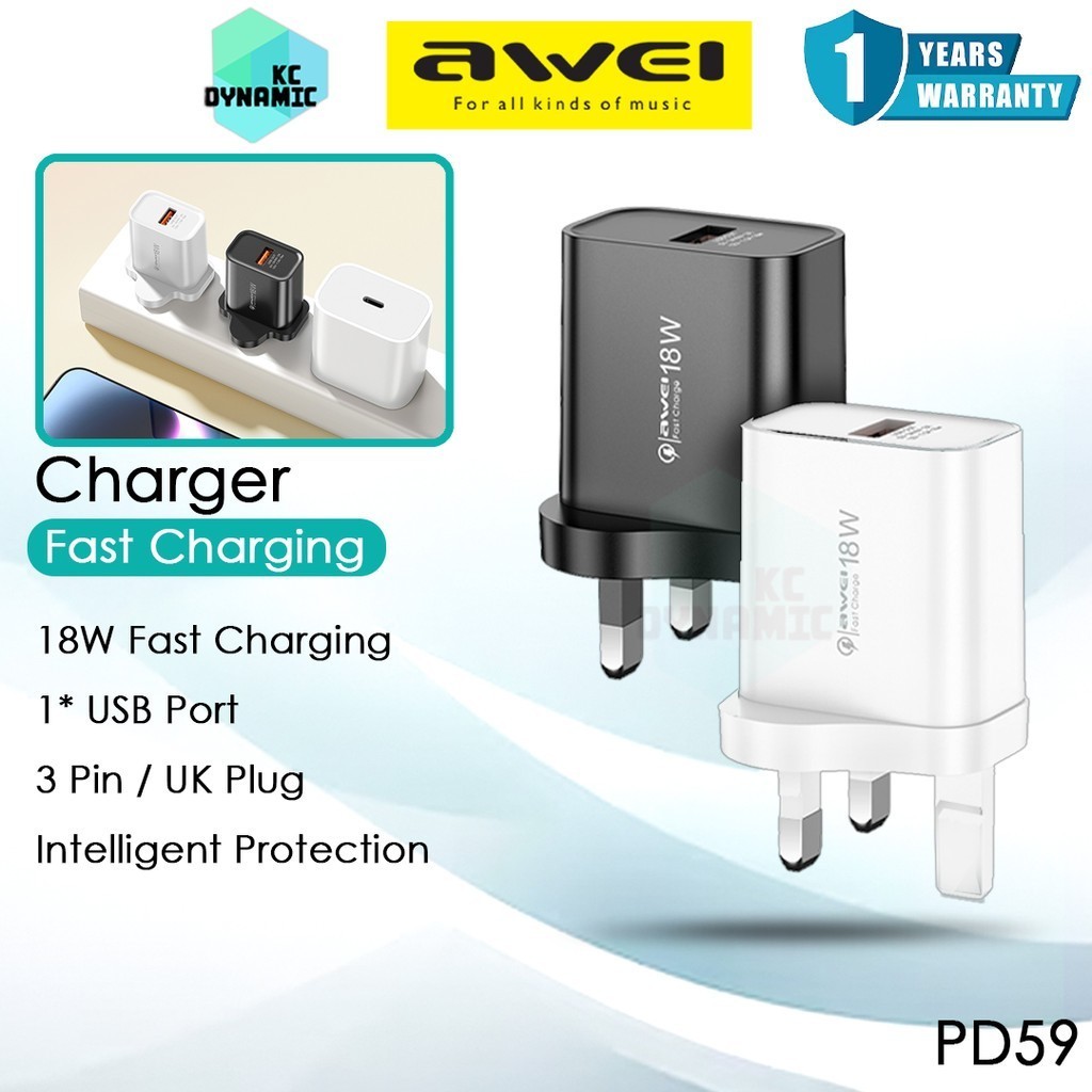 Awei PD59 Charger Adaptor 18W Fast Charging Charger Wall Charger 3 Pin ...