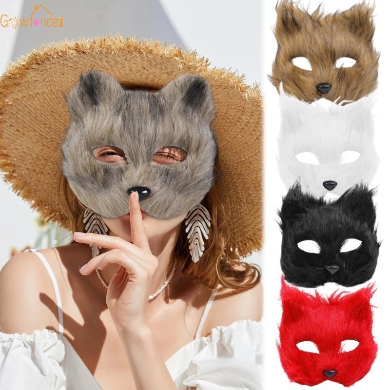 Furry Fox Half Face Mask Plush Halloween Animal Masks Adults Props ...