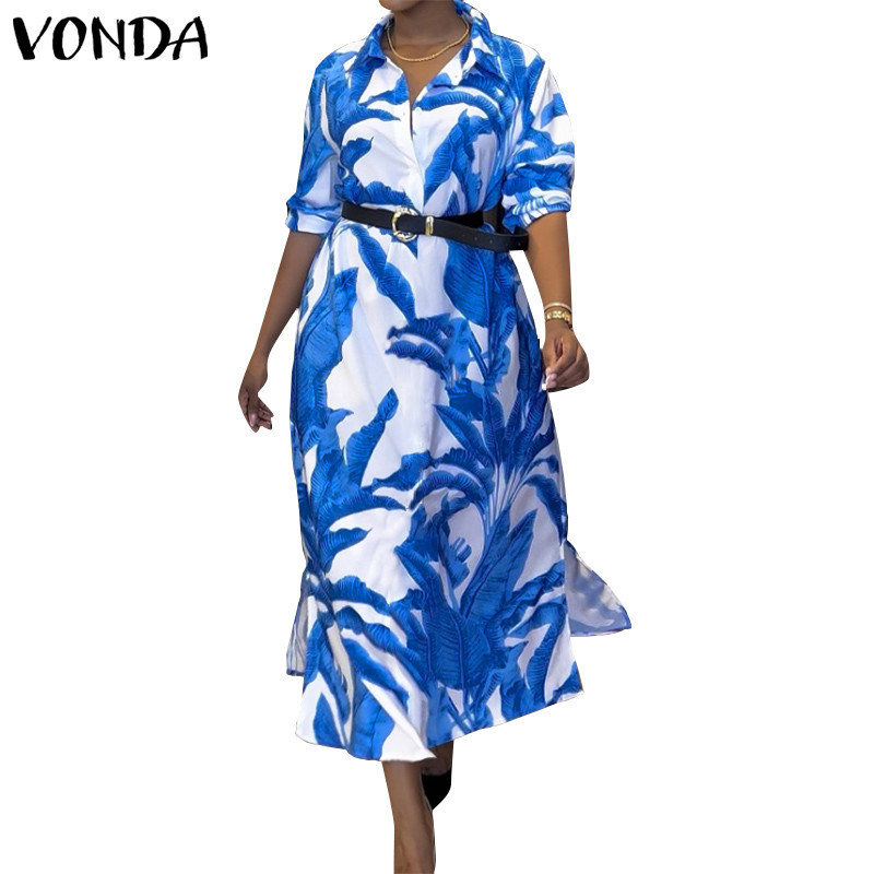 VONDA Women Vintage Fashion Holiday Plus-Size Lapel Print Dress ...