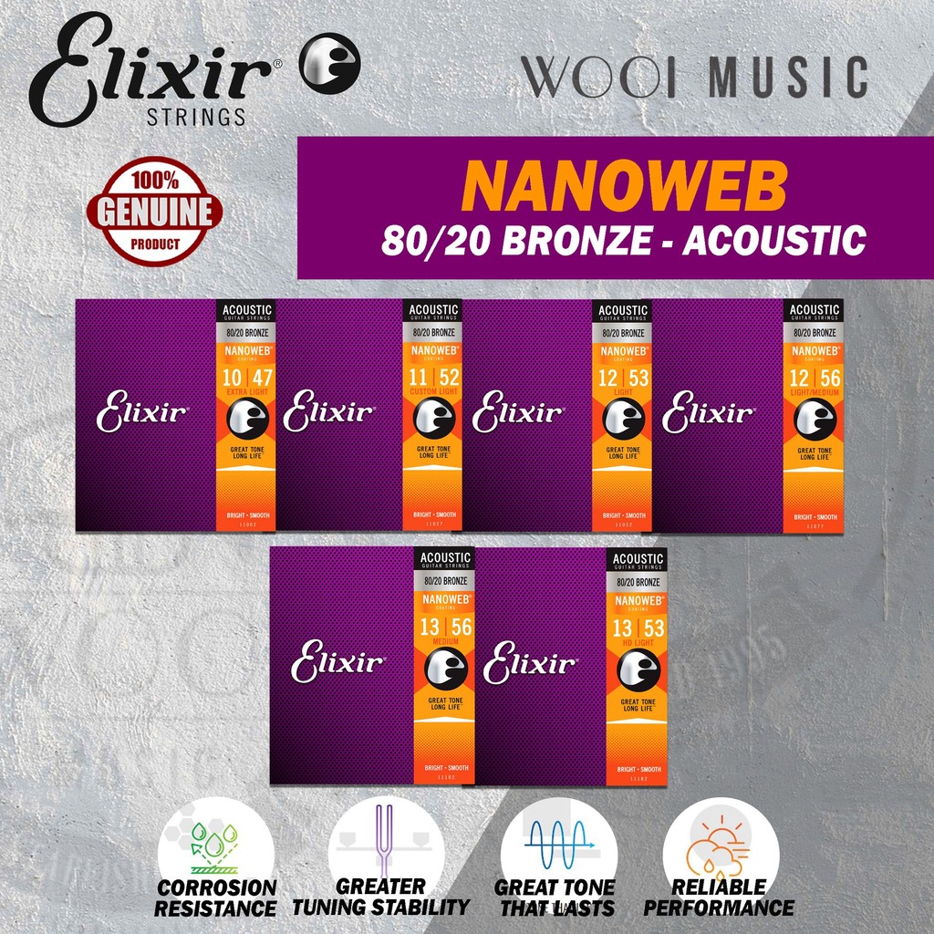 Elixir Nanoweb Acoustic Guitar Strings 80/20 Bronze - 11002 11027 11052 ...