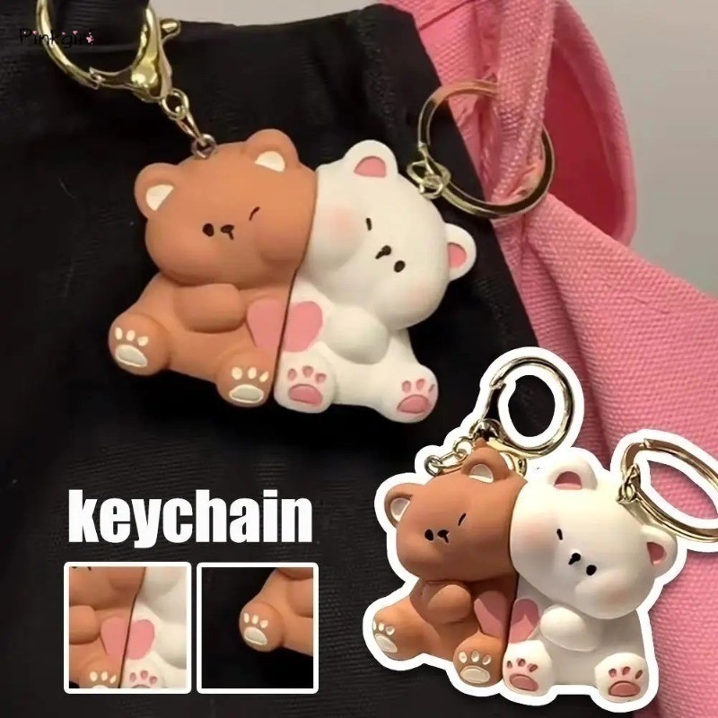 2Pcs Couple Magnetic Suction Cute Bear Key Chain Cute Cartoon Bear Key Chain Pendant for ...
