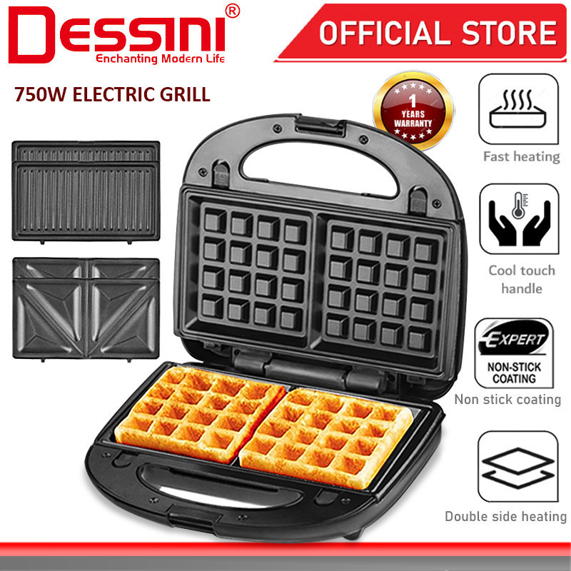 DESSINI ITALY Double Sided Electric Pizza Panini Waffle Sandwich Maker ...
