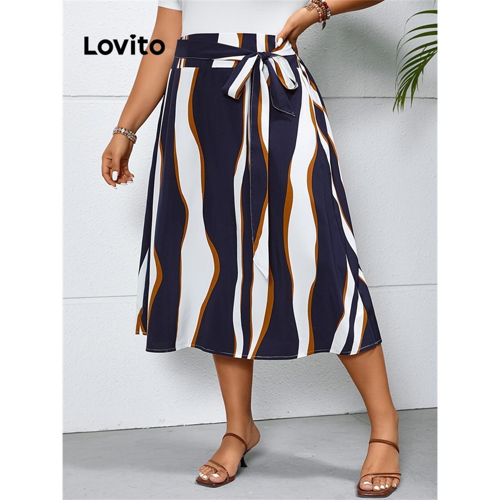 Lovito Plus Size Curve Elegant Rainbow Stripe Belted Skirt for Women ...