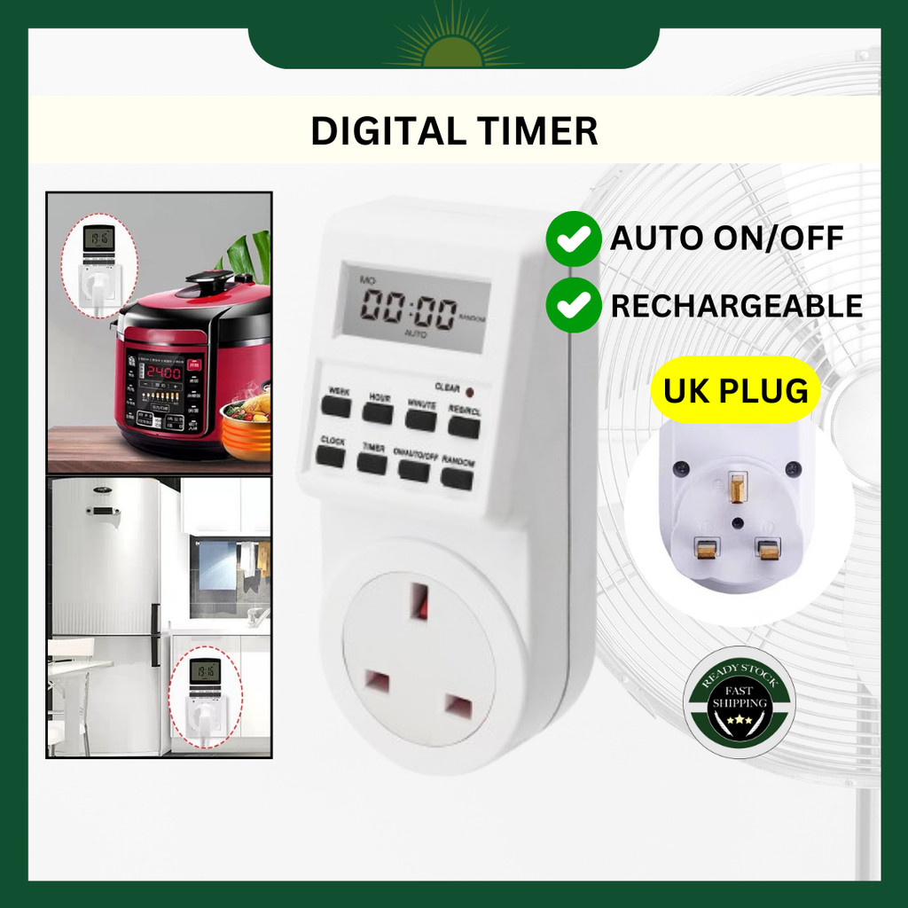 3 Pin Plug Digital Timer Socket Manual Auto On Off Rechargeable Analog ...
