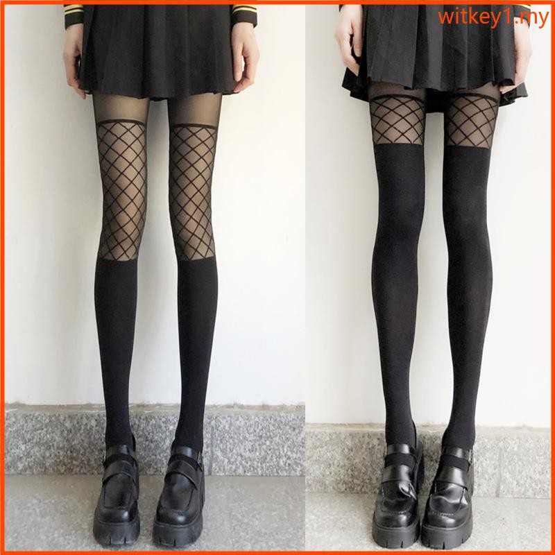 WIT Women Goth Black Sheer Pantyhose Mesh Grid Fishnet Print Stitching ...