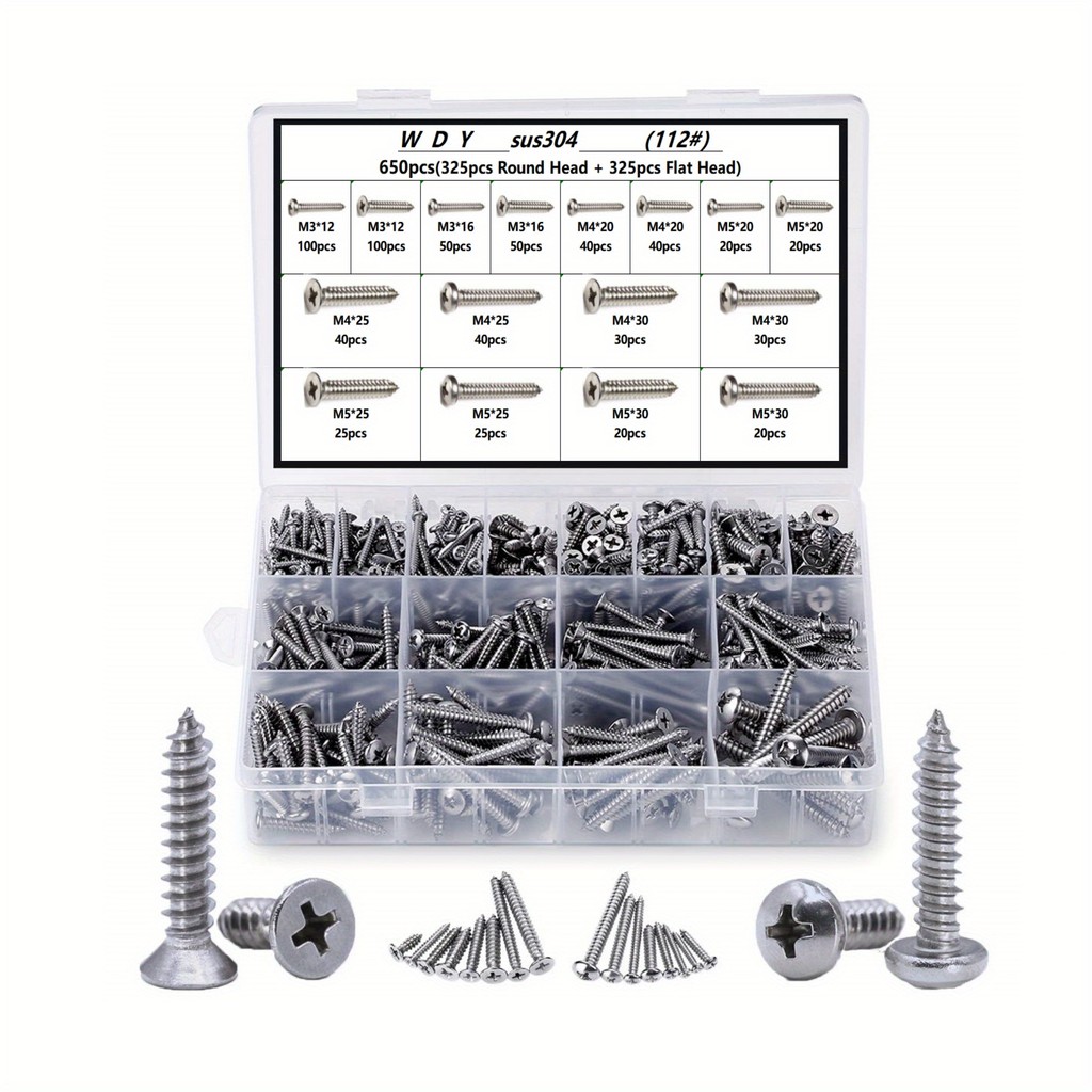 650Pcs Self Tapping Screws Assortment Set, M3/M4/M5 304 Stainless Steel Sheet Metal Screws Kit ...