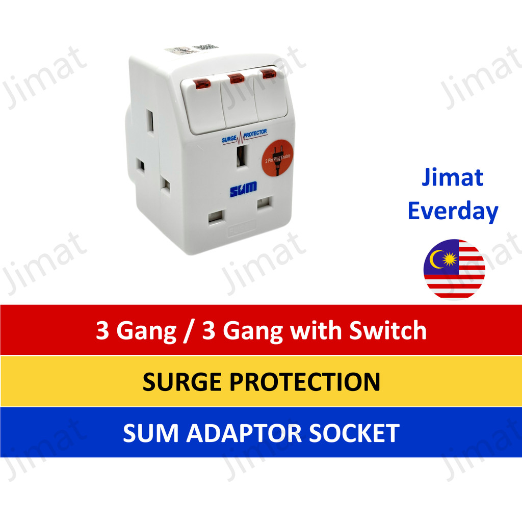 SUM 3 Gang Surge Protector Multi Adapter Plug adaptor socket Extension ...