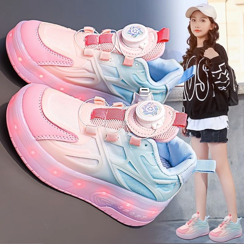 Runaway Shoes Girls 2025 New Children Rotating Button Sneakers Middle ...