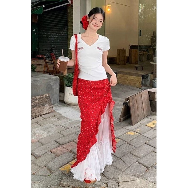 Skirt Separuh Jala Tampalan Bunga Merah untuk Wanita Rekaan Baharu ...