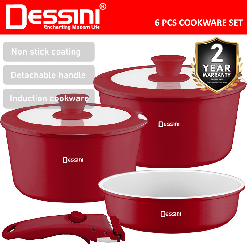 DESSINI ITALY 6 PCS Detachable Handle Induction Casserole Aluminium Pot ...