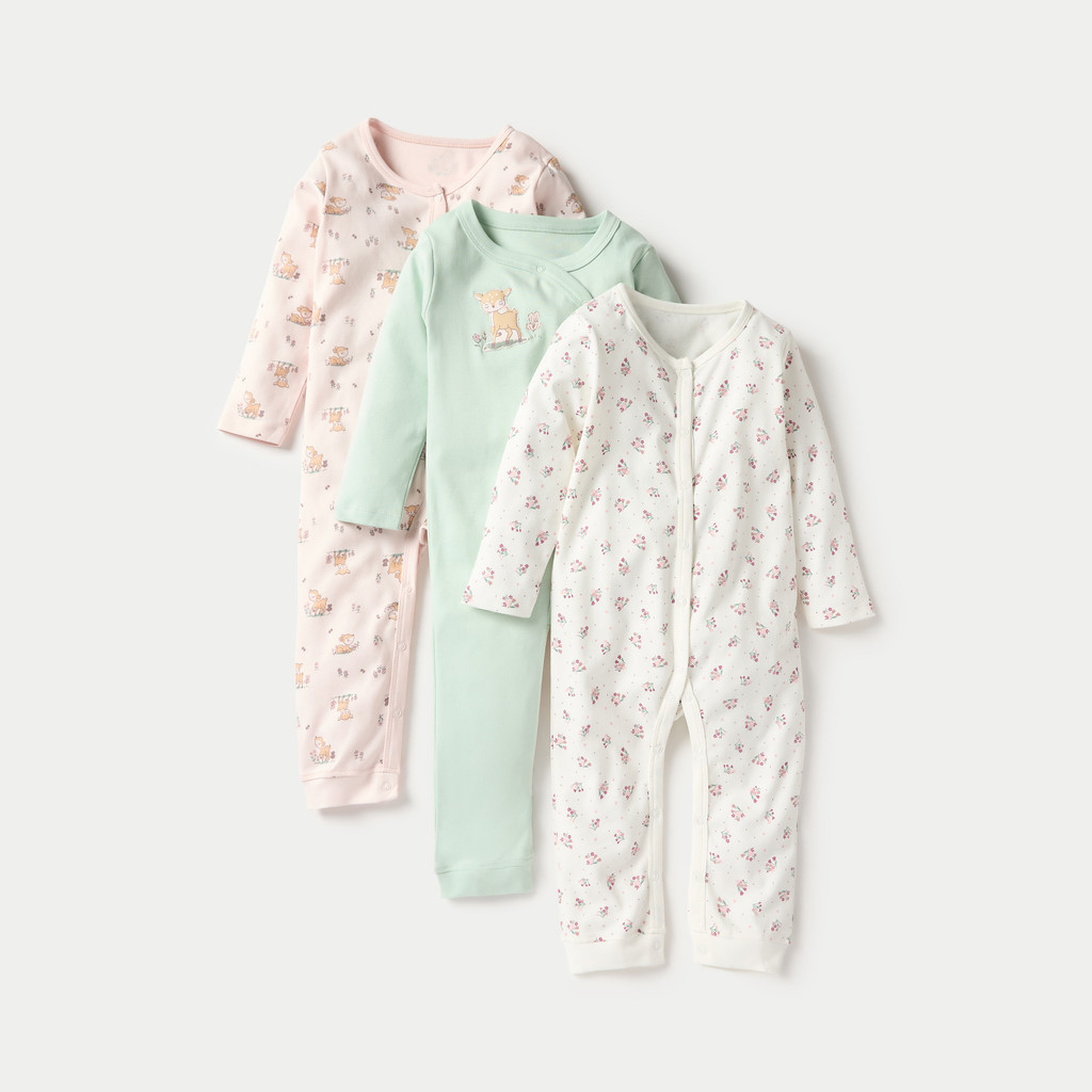 Juniors Printed Sleepsuit with Button Closure and Long Sleeves - Set of 3 | Shopee Malaysia