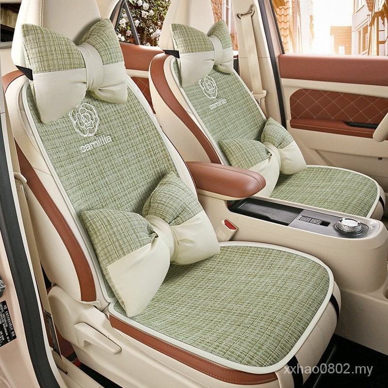 Summer Universal Flax Car Seat Cover Simple Bow Cushion Pink Myvi Seat ...