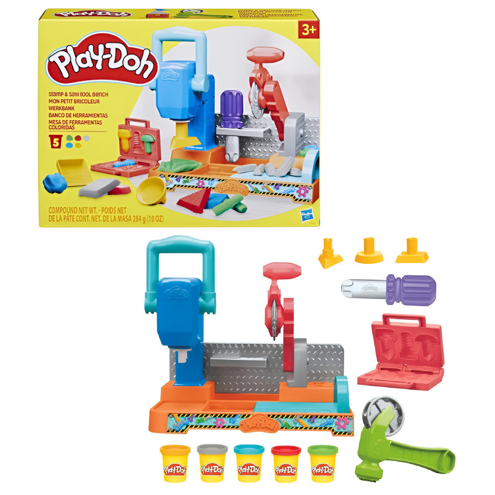 Play-Doh Stamp & Saw Tool Bench Playset With 5 Cans Modelling Compound ...