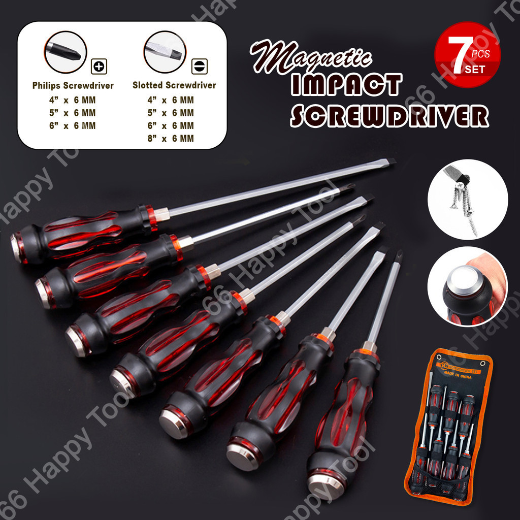 7pcs Magnetic Impact Screwdriver Cross Word Percussion Philips Slotted ...
