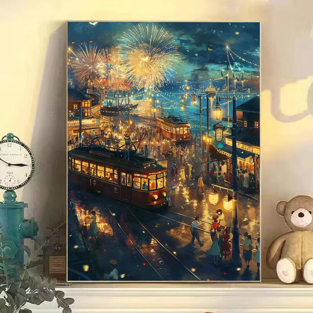 【ORFON】40×50cm paint by number/canvas painting/Lively streets/train/diy painting/living room ...