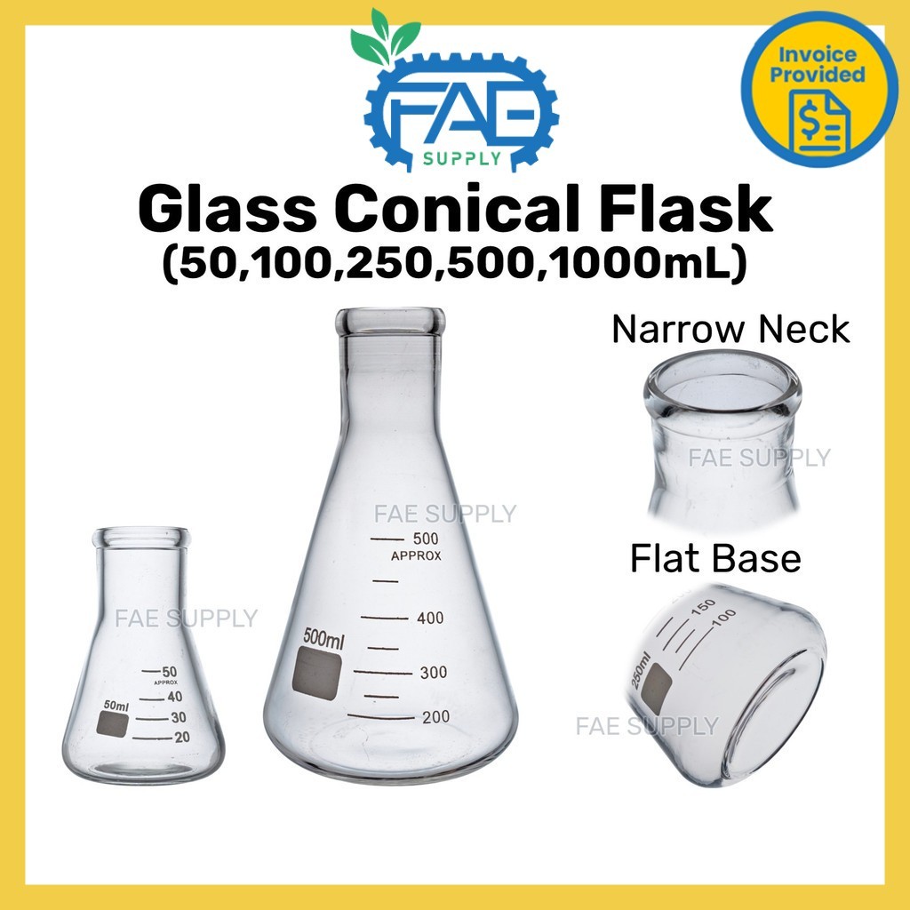Glass conical flask narrow neck kelalang kon kaca leher sempit 50ml ...