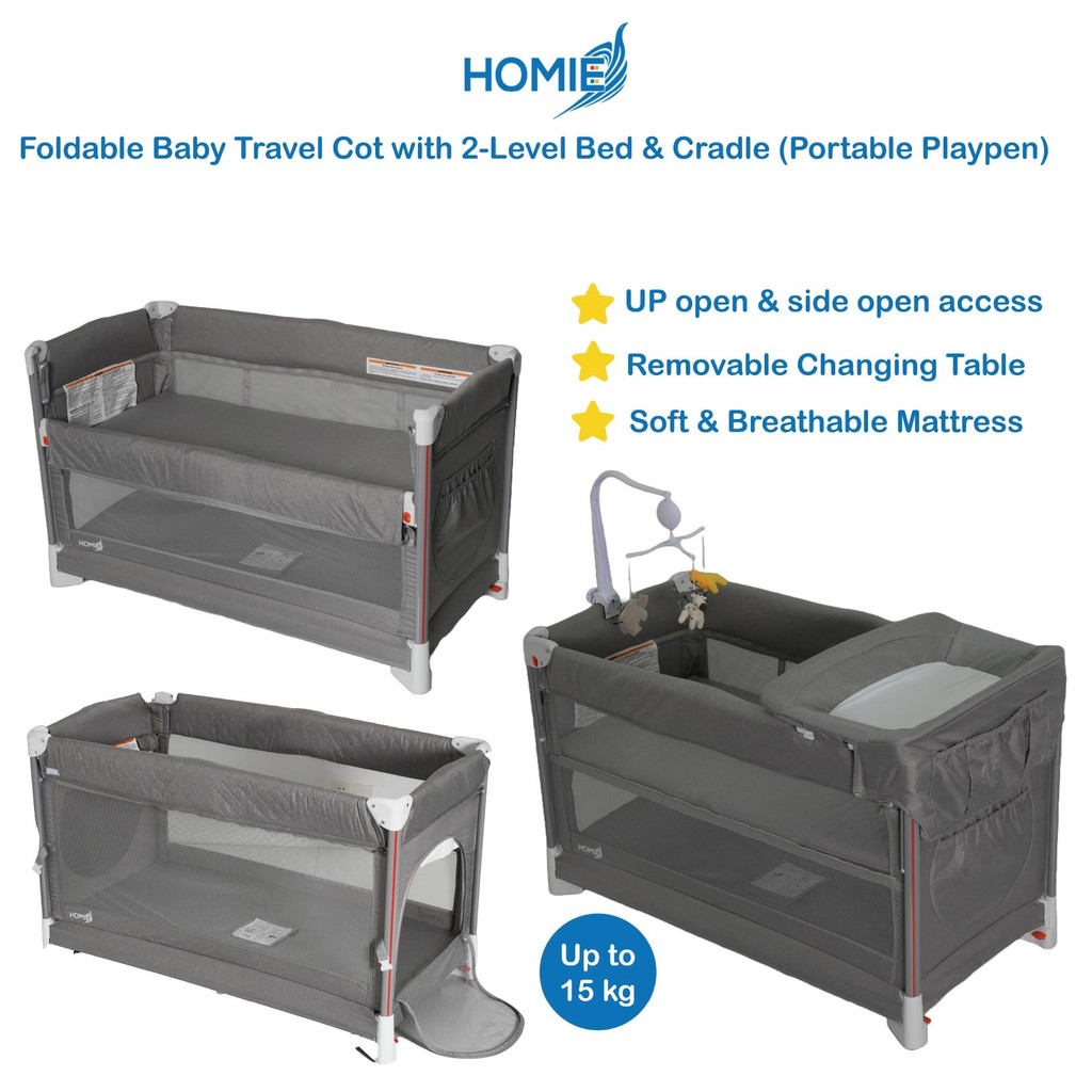 HOMIE Foldable Baby Travel Cot with 2-Level Bed & Cradle ...