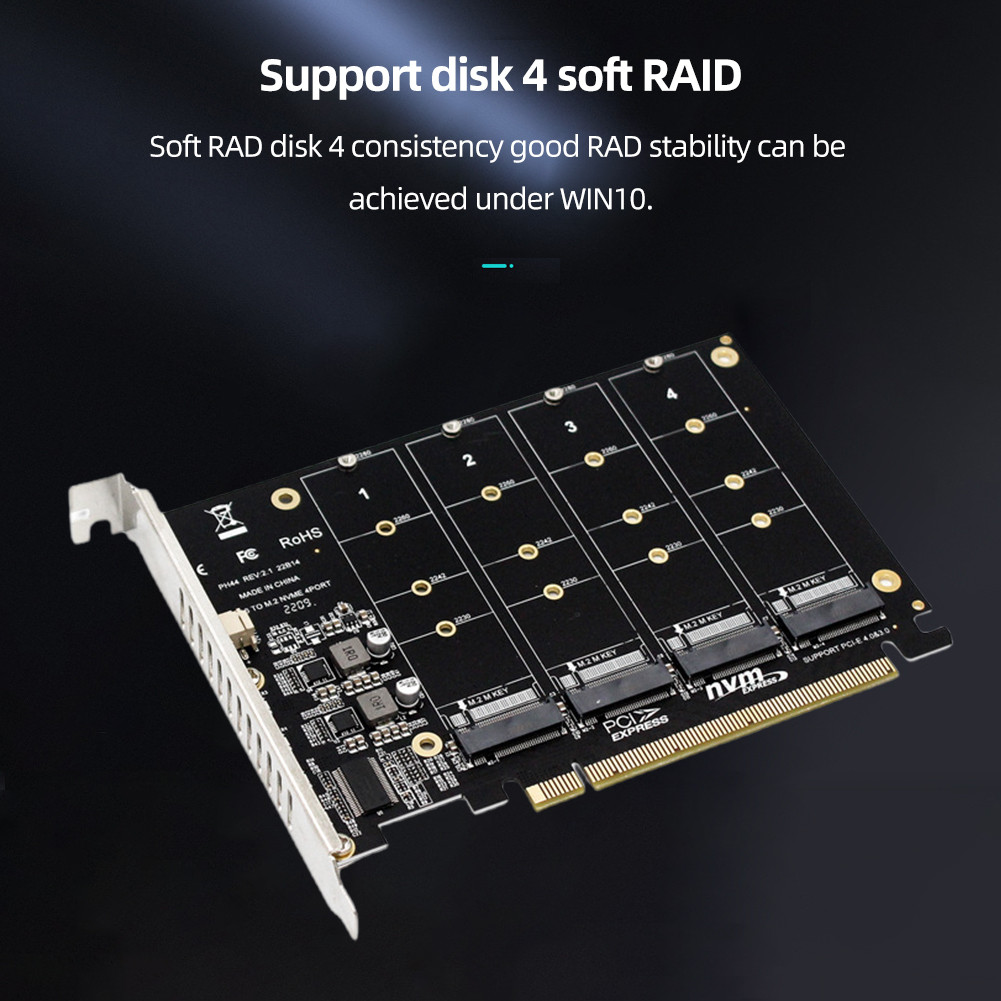 4 Port M.2 NVME SSD To PCIE X16 Hard Drive Converter Support 2230/2242/2260/2280 Reader ...