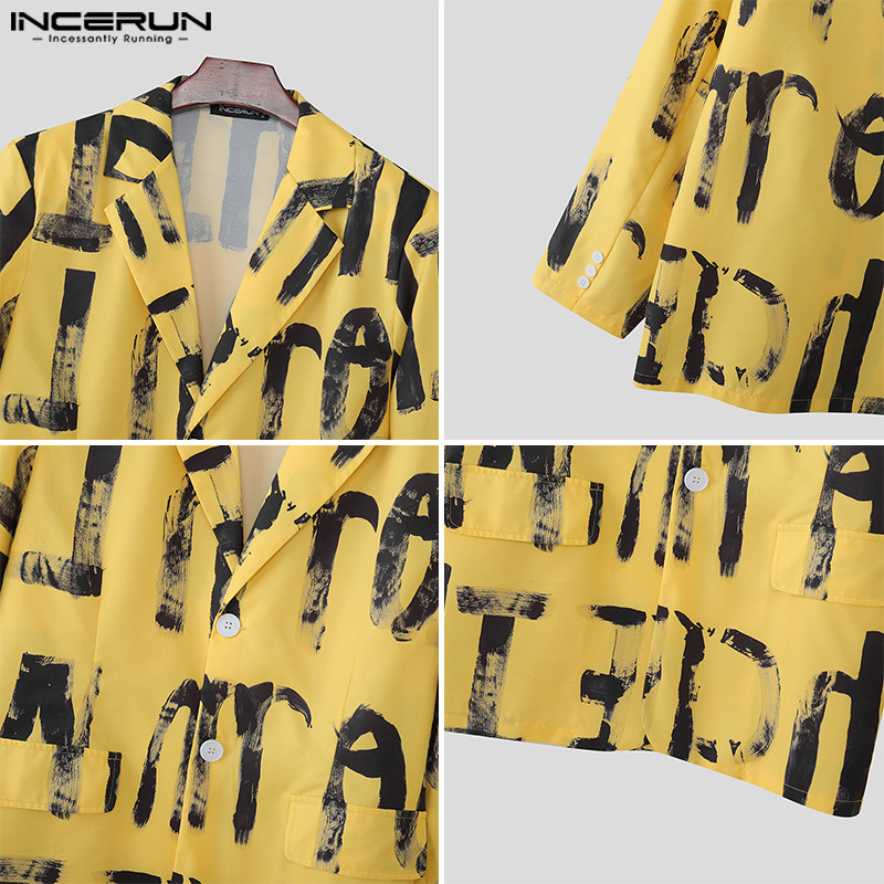 INCERUN Men Korean Fashion Handsome Lapel Long Sleeve Letter Print ...